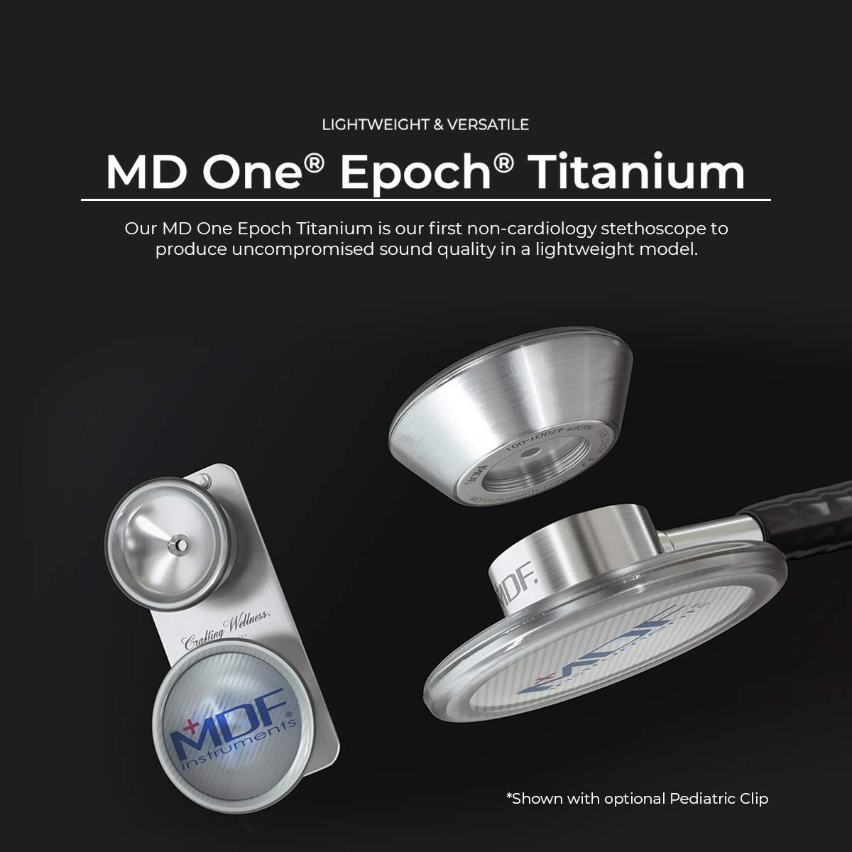 MDF Instruments MD One Epoch Stethoscope, Lightweight Titanium, Adult, Dual Head, Free-Parts-for-Life, White Tube, Titanium Blue, Capridium Chestpiece-Headset, MDF777TCD29