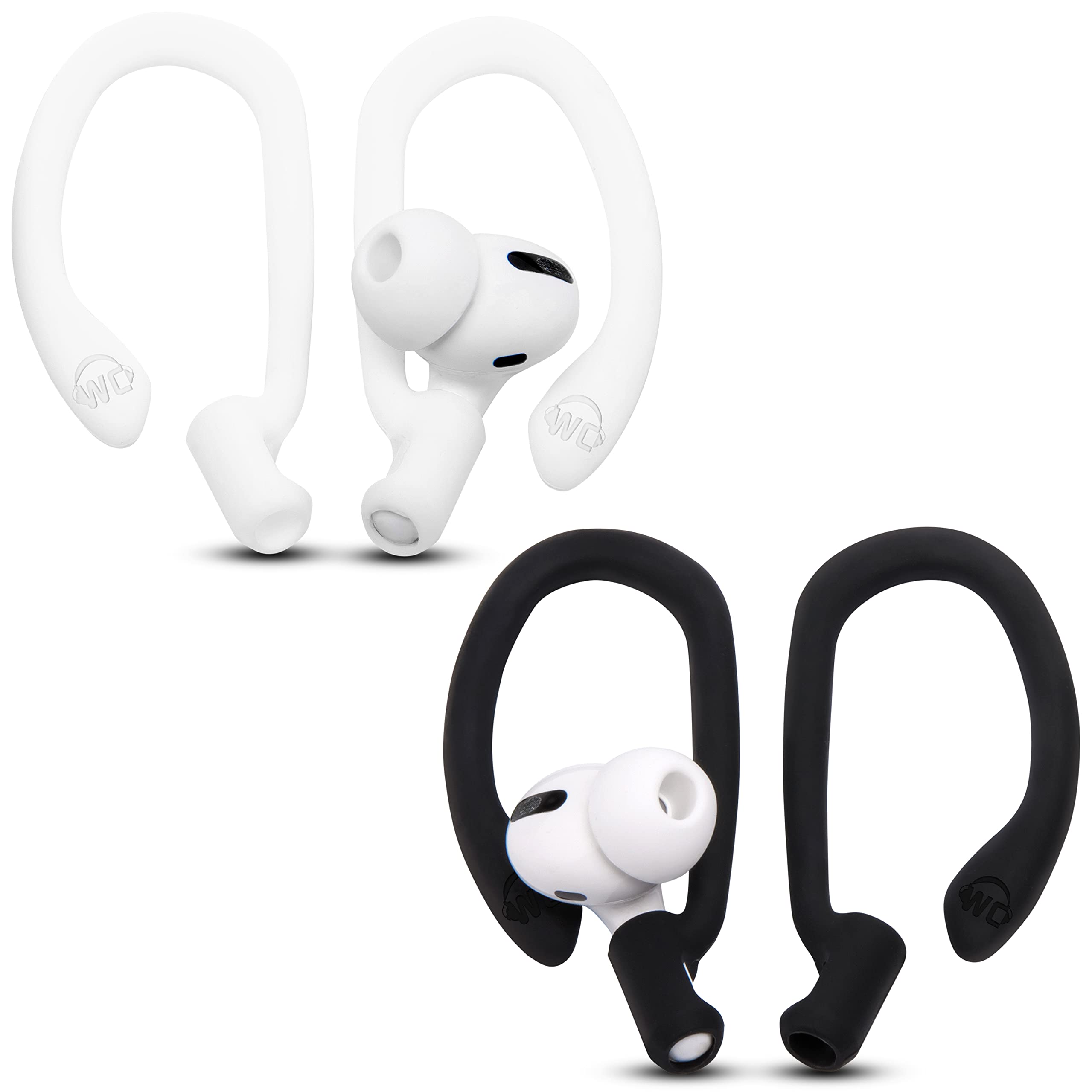 WC HookZ Combo Pack - Upgraded Over-Ear Hooks for AirPods Pro - 2 Pairs of Large & Small Size Included in Package Made by Wicked Cushions | Winter White & Pitch Black