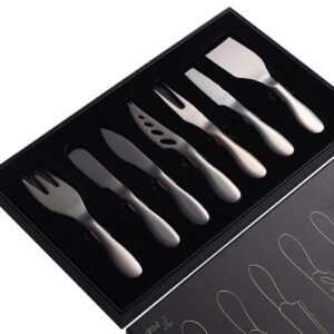 AARAINBOW Exquisite 7 Pieces Cheese Knives Set, Gift Ready Charcuterie Accessories Stainless Steel Cheese Knif Butter Knife & Fork Perfect Cheese Spreader Set, Gift for Birthday Christmas (Black)…