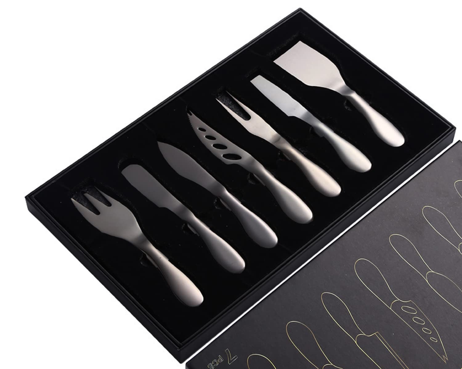 AARAINBOW Exquisite 7 Pieces Cheese Knives Set, Gift Ready Charcuterie Accessories Stainless Steel Cheese Knif Butter Knife & Fork Perfect Cheese Spreader Set, Gift for Birthday Christmas (Black)…