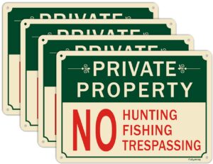 4 pack private property no hunting no fishing no trespassing signs 10x 7 inches private property sign no hunting sign, metal reflective sturdy rust aluminum waterproof