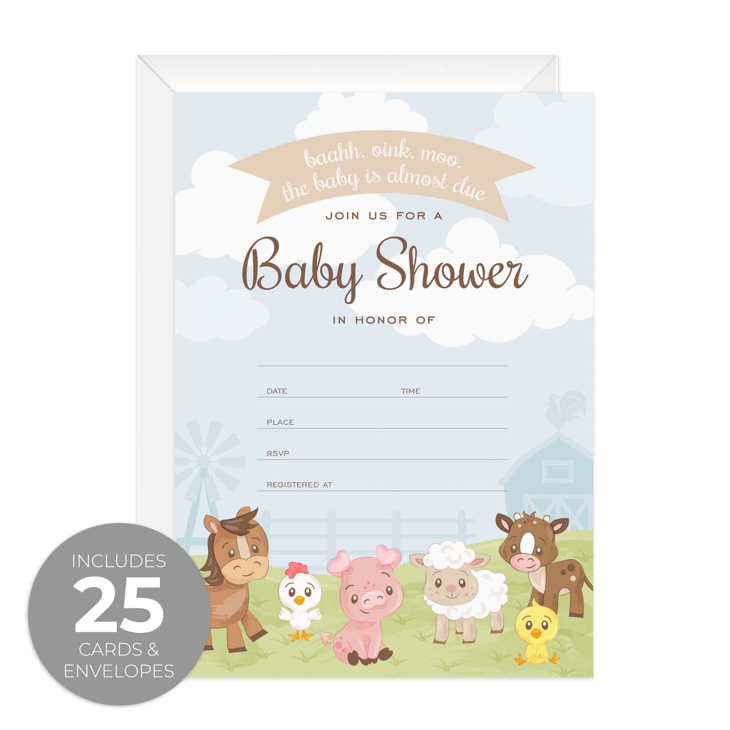 Barnyard Baby Shower Invites / 25 Cards With White Envelopes / 5" x 7" Farm Animal Invitations/Fill In Gender Neutral Country Baby Cards/Made In The USA