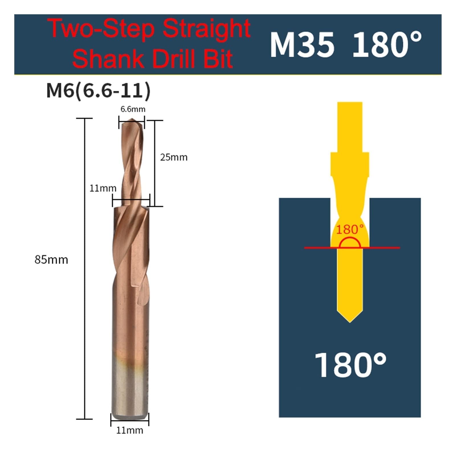 M35 HSS-CO Cobalt Two Stage Step Drill Bit Screw Counterbore Twist Countersink Drill for Stainless Drilling and Chamfering (M6 180)