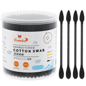 homefox black cotton swabs precision pointed - 200 count organic pointy pointed cotton buds double side tightly wrapped charcoal cotton tip paper stick soft gentle cruelty-free, pointy & round (black)