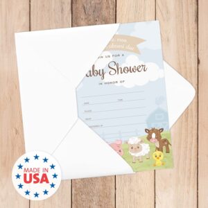 Barnyard Baby Shower Invites / 25 Cards With White Envelopes / 5" x 7" Farm Animal Invitations/Fill In Gender Neutral Country Baby Cards/Made In The USA