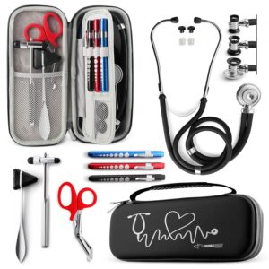 primacare kb-9397-bk stethoscope case, supplies included, black with multiple compartments, portable and lightweight first aid kit bag with vital medical supplies, nursing accessories for nurses