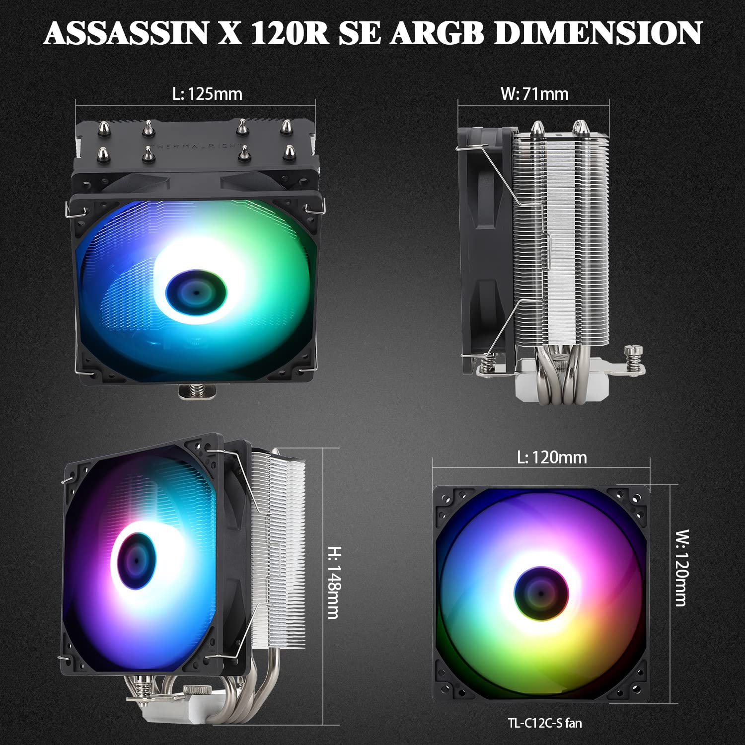 Thermalright AssassinX120 R SE ARGB CPU Air Cooler, AX120 R SE ARGB, 4 Heat Pipes, TL-C12C-S PWM Quiet Fan CPU Cooler with S-FDB Bearing, for AMD AM4/AM5 Intel 1700/1150/1151/1200, LGA1700