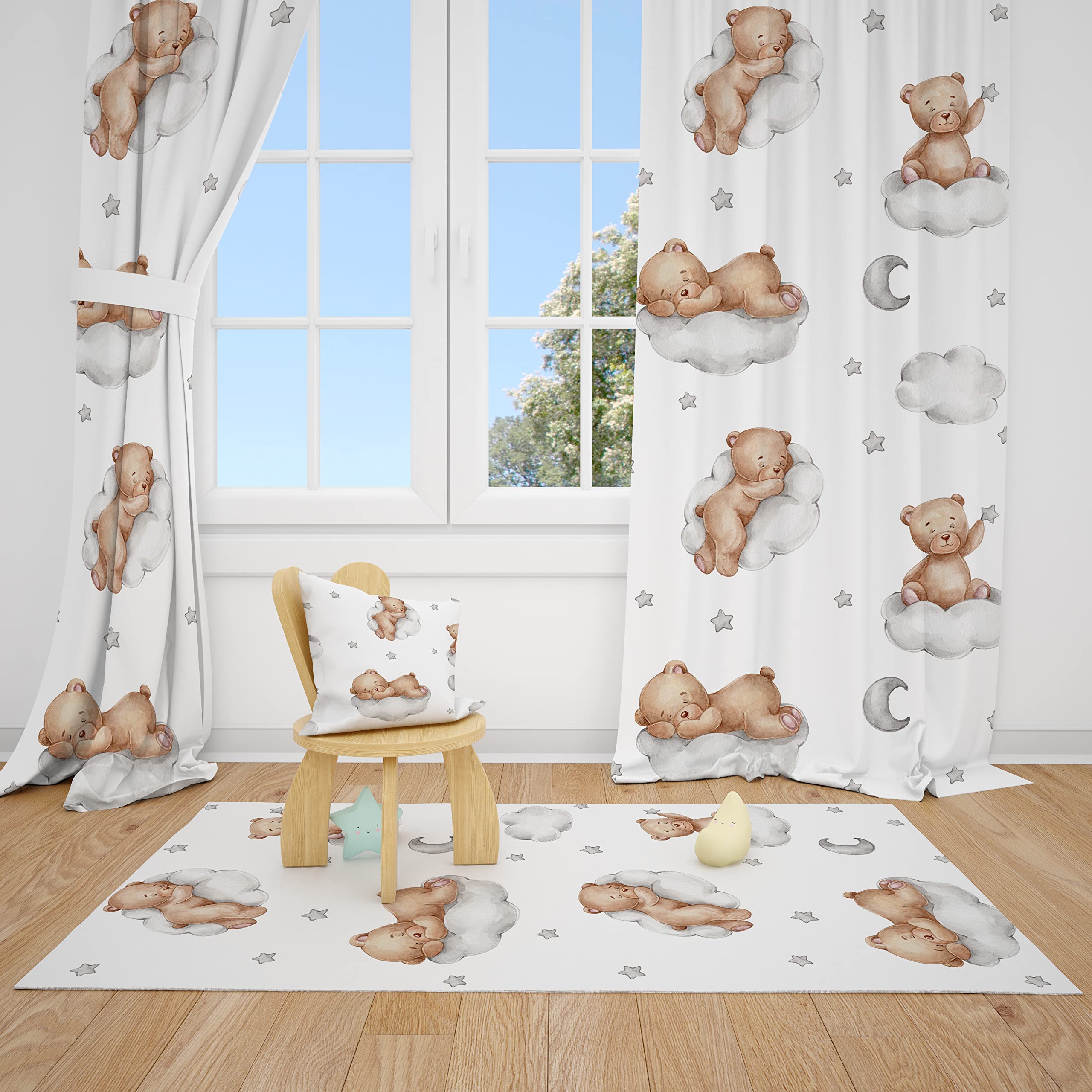 Teddy Bear and Clouds Baby Boy Room Curtain Nursery Curtains Window Curtains (Pair of - 28" x 84")