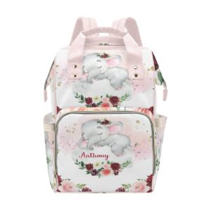 girl elephant pink floral personalized diaper backpack with name,custom travel daypack for nappy mommy nursing baby bag one size