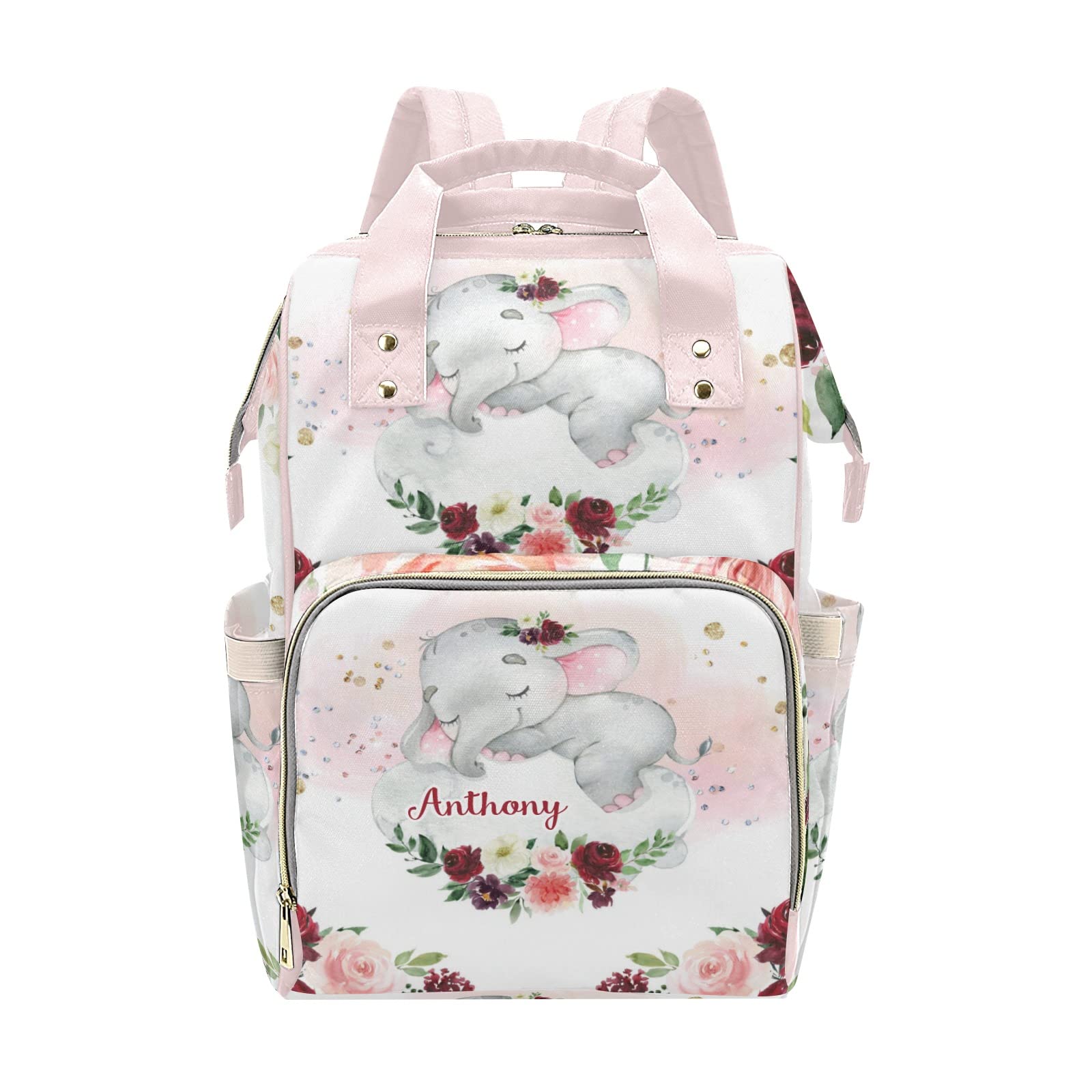 Girl Elephant Pink Floral Personalized Diaper Backpack with Name,Custom Travel DayPack for Nappy Mommy Nursing Baby Bag One Size