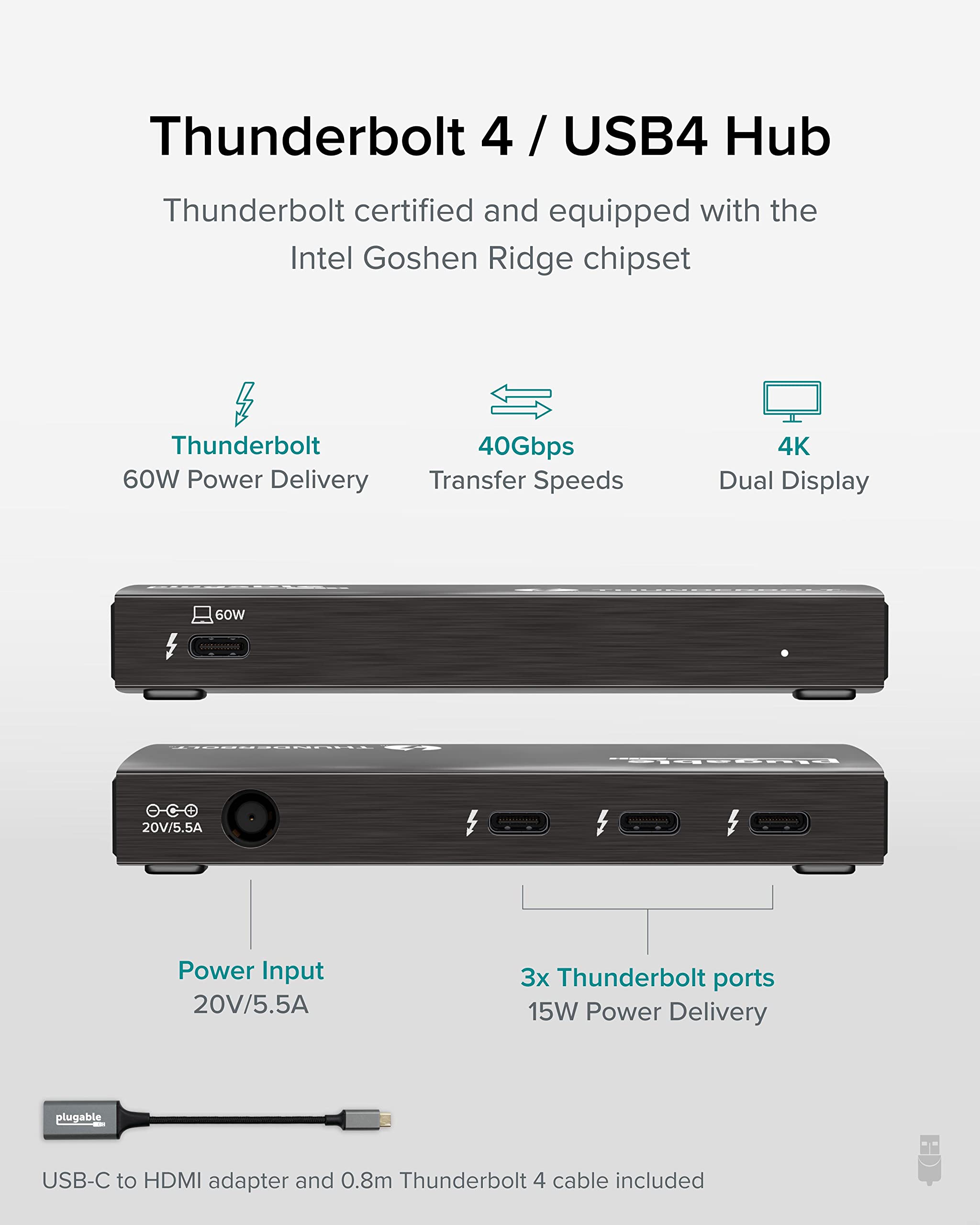 Plugable Thunderbolt 4 Hub Bundle Includes USB-C to 4K HDMI Adapter and 7-in-1 Multiport Adapter, 60W Laptop Charging, Compatible with Mac, Windows Laptops, Thunderbolt 3 or 4, and USB4 Devices