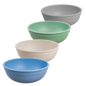 re-play made in usa 20 oz. reusable plastic bowls, pack of 4 - dishwasher and microwave safe bowls for snacks, cereals, and everyday dining - durable toddler bowl set 4.75" x 4.75" x 2", cool naturals