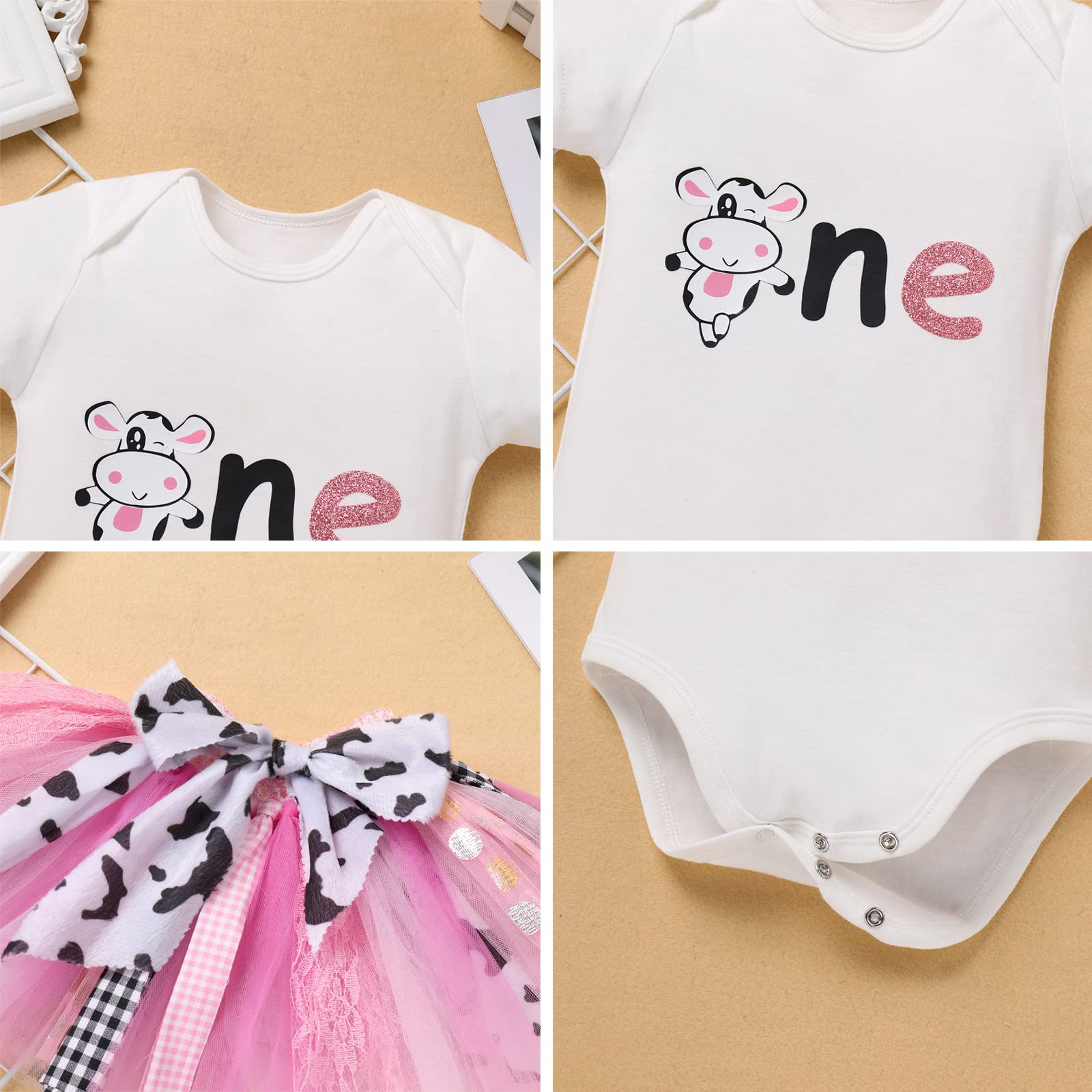 AWIBMK Baby Girl 1st Birthday Outfit Farm Cow Giraffe Romper Tutu Skirt Crown Headband Round Neck Animals Themed Cake Smash Photo Shoot Short Sleeve 3Pcs Clothes Set White + Pink Cow One 12-18M