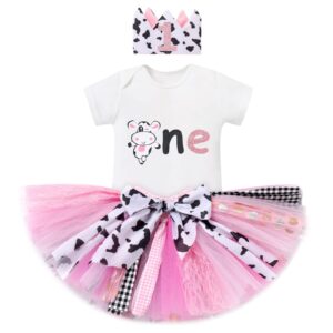 awibmk baby girl 1st birthday outfit farm cow giraffe romper tutu skirt crown headband round neck animals themed cake smash photo shoot short sleeve 3pcs clothes set white + pink cow one 12-18m