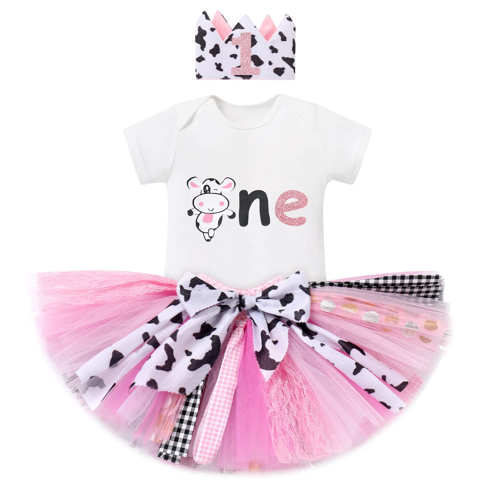 AWIBMK Baby Girl 1st Birthday Outfit Farm Cow Giraffe Romper Tutu Skirt Crown Headband Round Neck Animals Themed Cake Smash Photo Shoot Short Sleeve 3Pcs Clothes Set White + Pink Cow One 12-18M