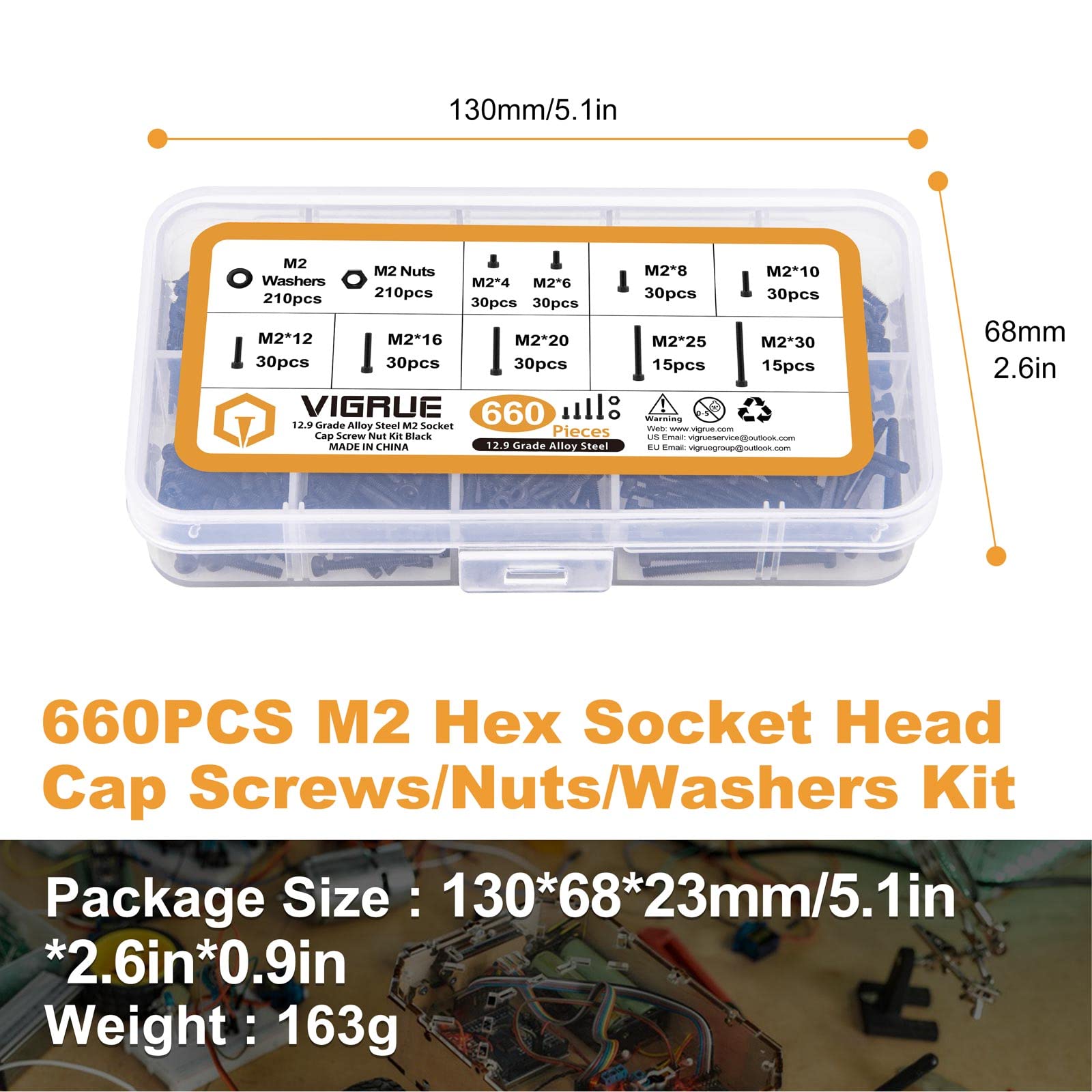 660Pcs M2 Screws Set Black, M2 x 4/6/8/10/12/16/20/25/30mm Hex Socket Head Cap Screws Nuts Washers Assortment Kit, 12.9 Grade Alloy Steel Assorted Screws, Fully Machine Threaded, Allen Socket Drive