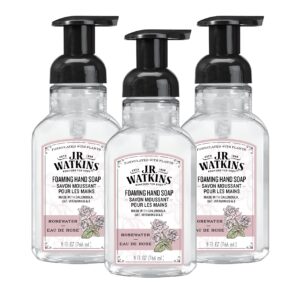 j.r. watkins foaming hand soap with pump dispenser, moisturizing foam hand wash, all natural, alcohol-free, cruelty-free, usa made, rosewater, 9 fl oz, 3 pack