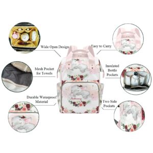 Girl Elephant Pink Floral Personalized Diaper Backpack with Name,Custom Travel DayPack for Nappy Mommy Nursing Baby Bag One Size