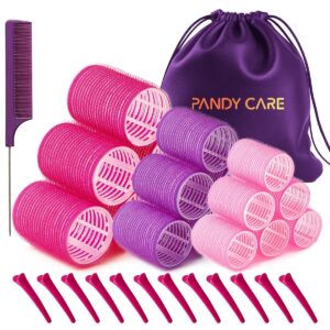 hair roller set 32 pcs, pandycare velcro hair rollers for long medium short hair - no heat, hair- friendly, includes 18 self grip rollers(2.3,1.9,1.4inch), 12 clips, 1 rat tail comb & 1 storage bag