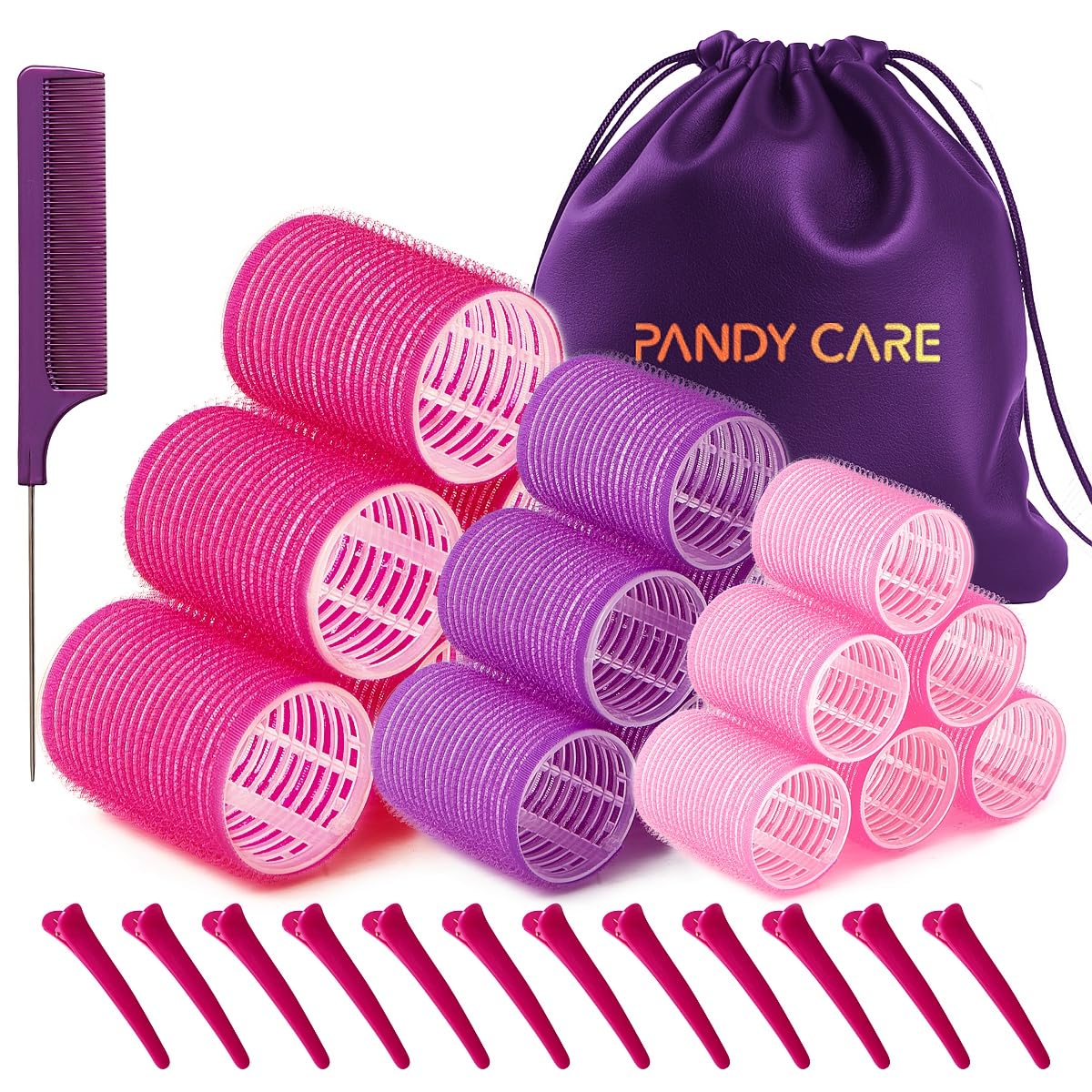 Hair Roller Set 32 PCS, PandyCare Velcro Hair Rollers for Long Medium Short Hair - No Heat, Hair- friendly, Includes 18 Self Grip Rollers(2.3,1.9,1.4inch), 12 Clips, 1 Rat Tail Comb & 1 Storage Bag