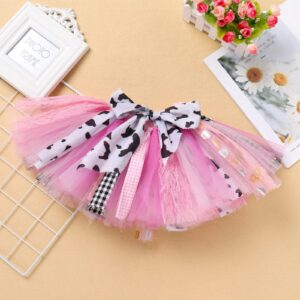 AWIBMK Baby Girl 1st Birthday Outfit Farm Cow Giraffe Romper Tutu Skirt Crown Headband Round Neck Animals Themed Cake Smash Photo Shoot Short Sleeve 3Pcs Clothes Set White + Pink Cow One 12-18M