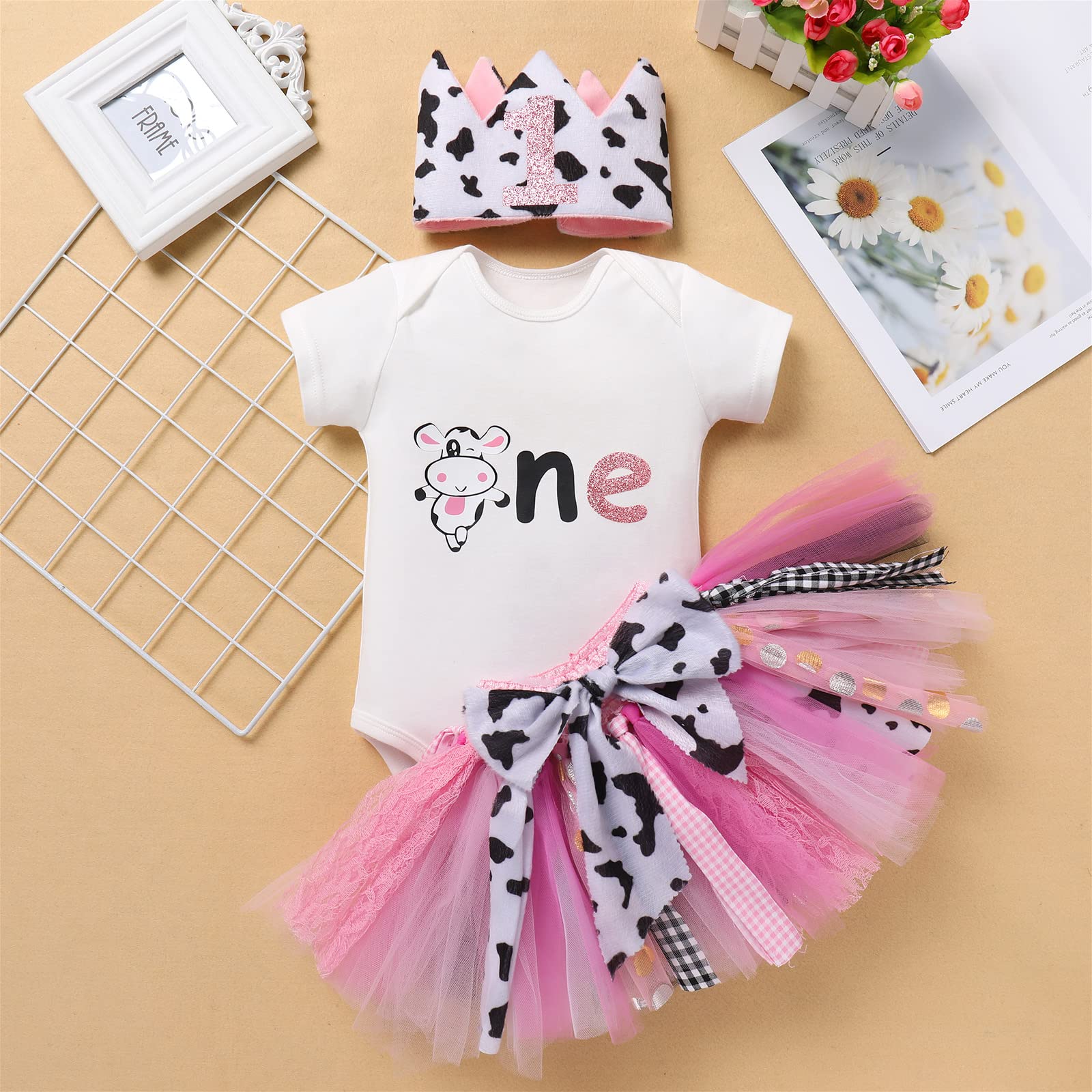 AWIBMK Baby Girl 1st Birthday Outfit Farm Cow Giraffe Romper Tutu Skirt Crown Headband Round Neck Animals Themed Cake Smash Photo Shoot Short Sleeve 3Pcs Clothes Set White + Pink Cow One 12-18M