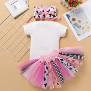 AWIBMK Baby Girl 1st Birthday Outfit Farm Cow Giraffe Romper Tutu Skirt Crown Headband Round Neck Animals Themed Cake Smash Photo Shoot Short Sleeve 3Pcs Clothes Set White + Pink Cow One 12-18M