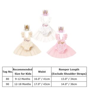 Baby Girls 1st Birthday Outfit Floral Lace Romper Ruffle Short Sleeve Backless Princess Party Tutu Dress Crown Headband Cake Smash Clothes for Photo Shoot 2Pcs Sets Beige One 12-18 Months