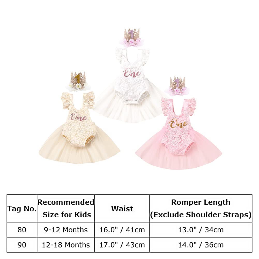 Baby Girls 1st Birthday Outfit Floral Lace Romper Ruffle Short Sleeve Backless Princess Party Tutu Dress Crown Headband Cake Smash Clothes for Photo Shoot 2Pcs Sets Beige One 12-18 Months