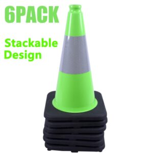 BESEA 6Pack 18" inch Traffic Cones Green Safety Cones PVC Construction Cones with 6 inch Reflective Collar for Home Driveway Road Parking Use(6 Cones)