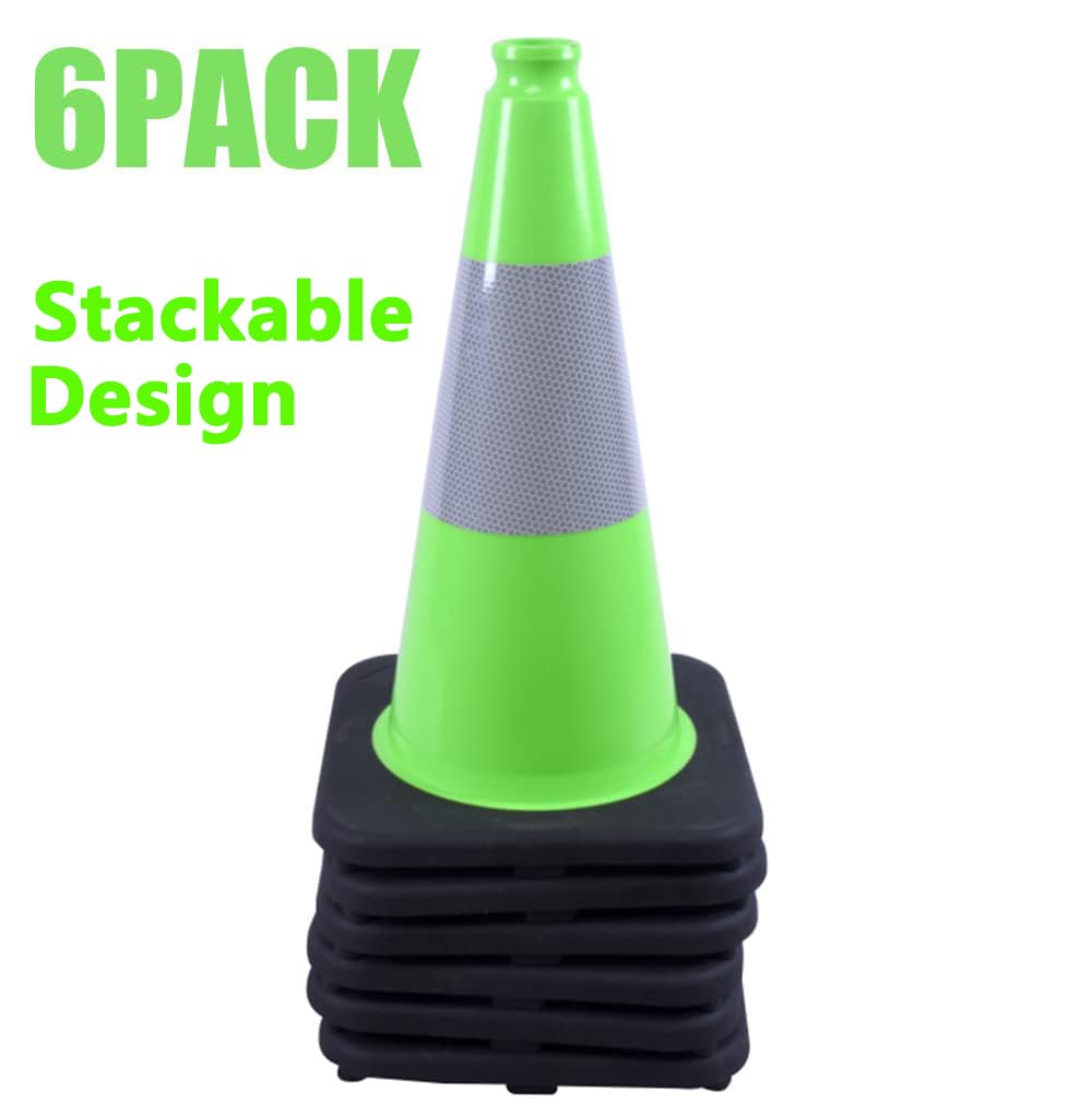 BESEA 6Pack 18" inch Traffic Cones Green Safety Cones PVC Construction Cones with 6 inch Reflective Collar for Home Driveway Road Parking Use(6 Cones)