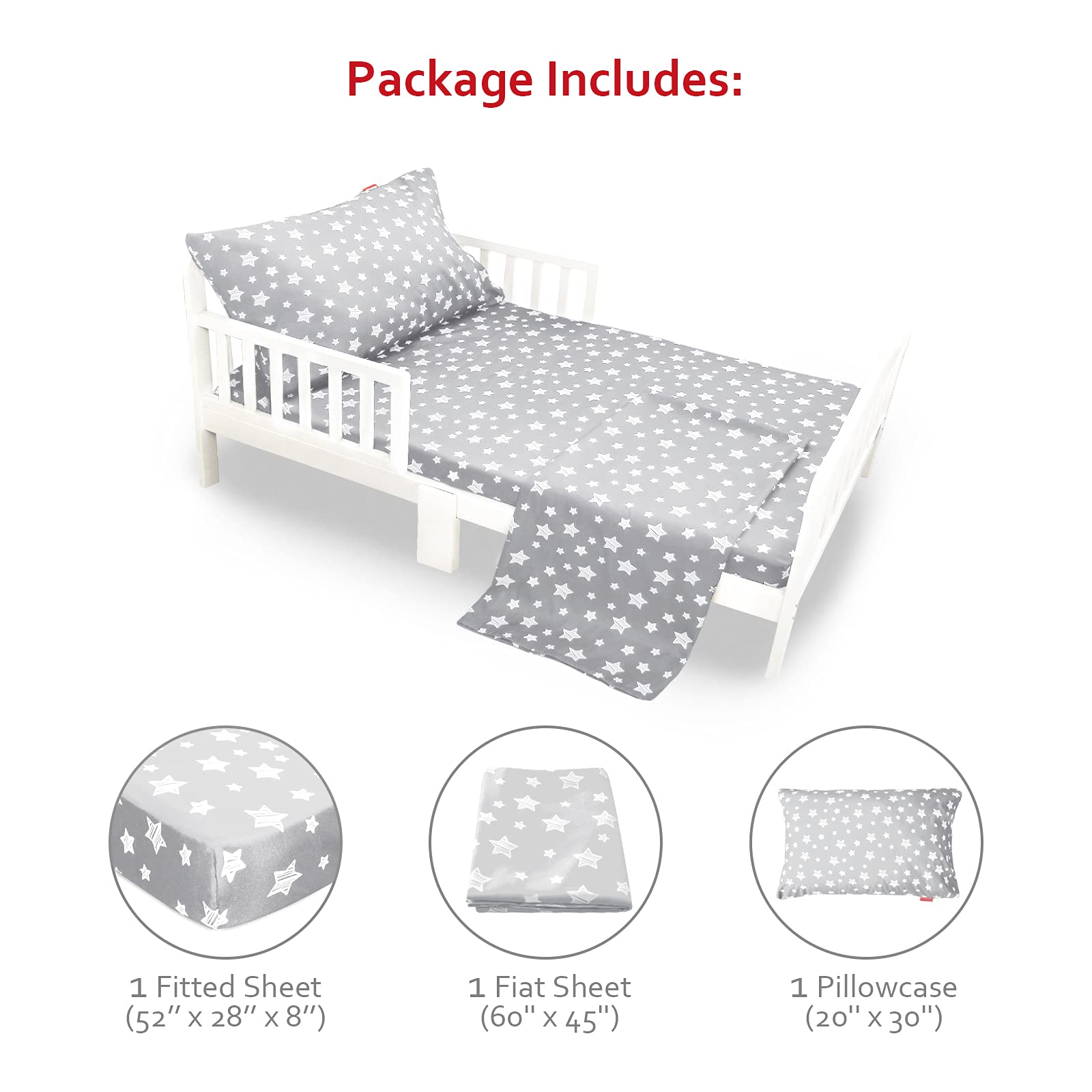 Crib Air Mattress Pad Waterproof with Toddler Bed Set Star Print, 3 Piece Toddler Bed Sheets for Boys and Girls, Quilted Crib Mattress Sheet Fitted Crib and Toddler Mattress