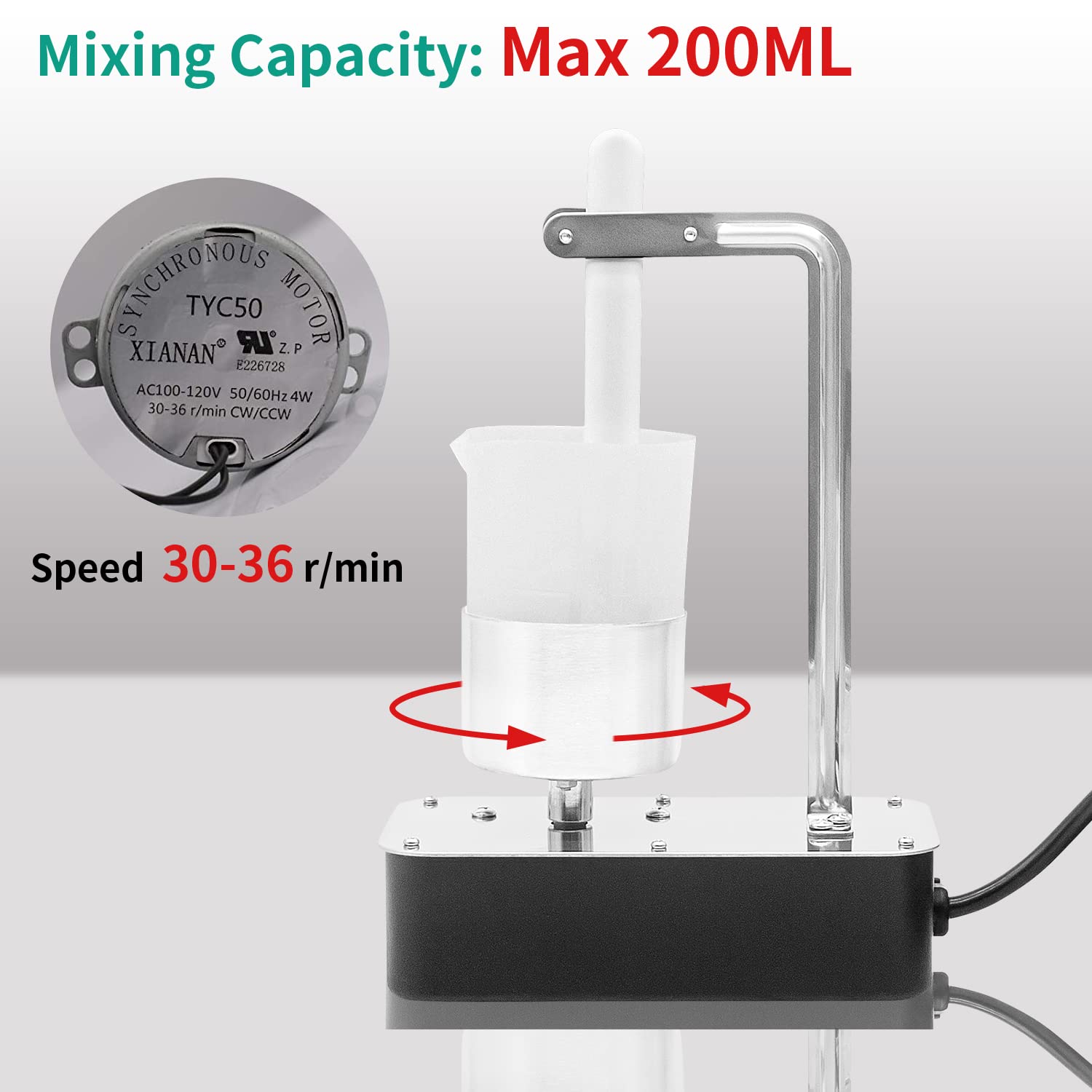 QXCSF Epoxy Resin Mixer, 200ml Large Capacity Electric Tumble Mixer Stainless Steel Stirrer Tumbling Machine with Mixing Stick and 2 Silicone Cups, DIY Tool for Handicraft