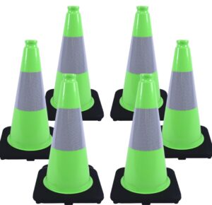 besea 6pack 18" inch traffic cones green safety cones pvc construction cones with 6 inch reflective collar for home driveway road parking use(6 cones)