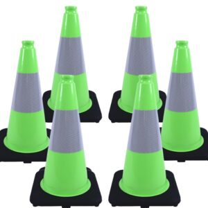 BESEA 6Pack 18" inch Traffic Cones Green Safety Cones PVC Construction Cones with 6 inch Reflective Collar for Home Driveway Road Parking Use(6 Cones)