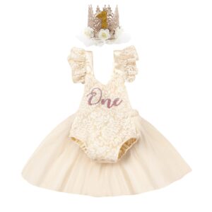 baby girls 1st birthday outfit floral lace romper ruffle short sleeve backless princess party tutu dress crown headband cake smash clothes for photo shoot 2pcs sets beige one 12-18 months