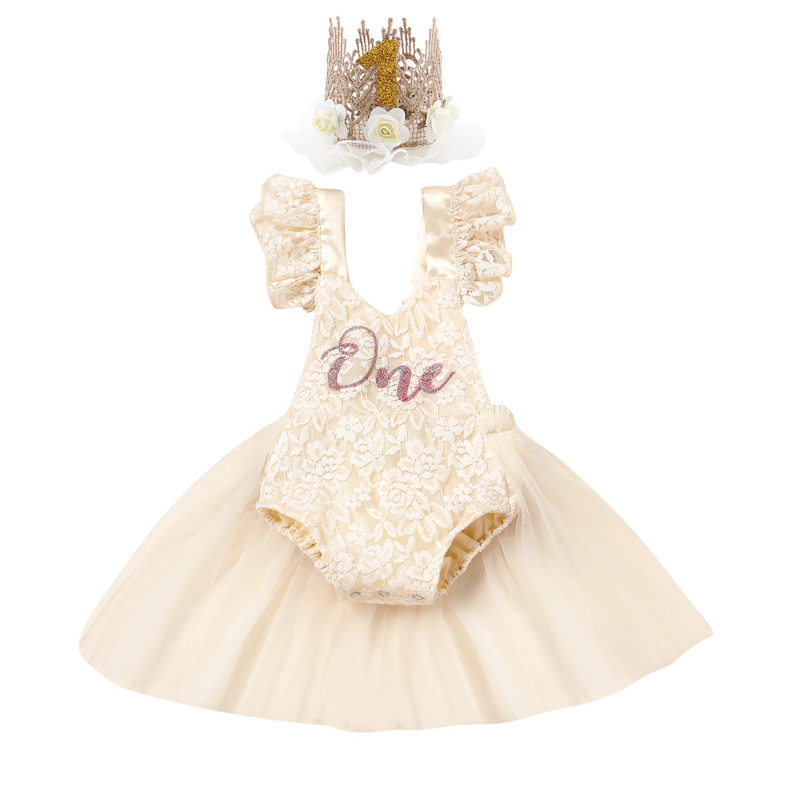 Baby Girls 1st Birthday Outfit Floral Lace Romper Ruffle Short Sleeve Backless Princess Party Tutu Dress Crown Headband Cake Smash Clothes for Photo Shoot 2Pcs Sets Beige One 12-18 Months