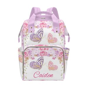 butterfly pink purple floral personalized diaper backpack with name,custom travel daypack for nappy mommy nursing baby bag one size