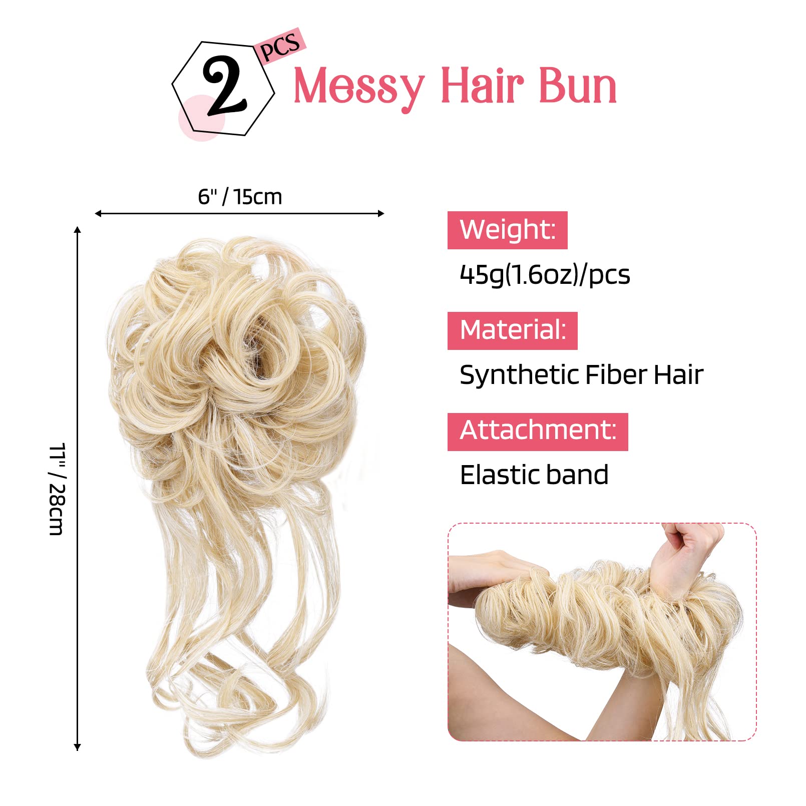 HOOJIH Messy Bun Hair Piece, 2PCS Tousled Updo with Tendrils Hair Bun Extensions Wavy Curly Hair Wrap Ponytail Hairpieces Thick Hair Scrunchies for Women HB010 Dasiy - Cool Light Blonde