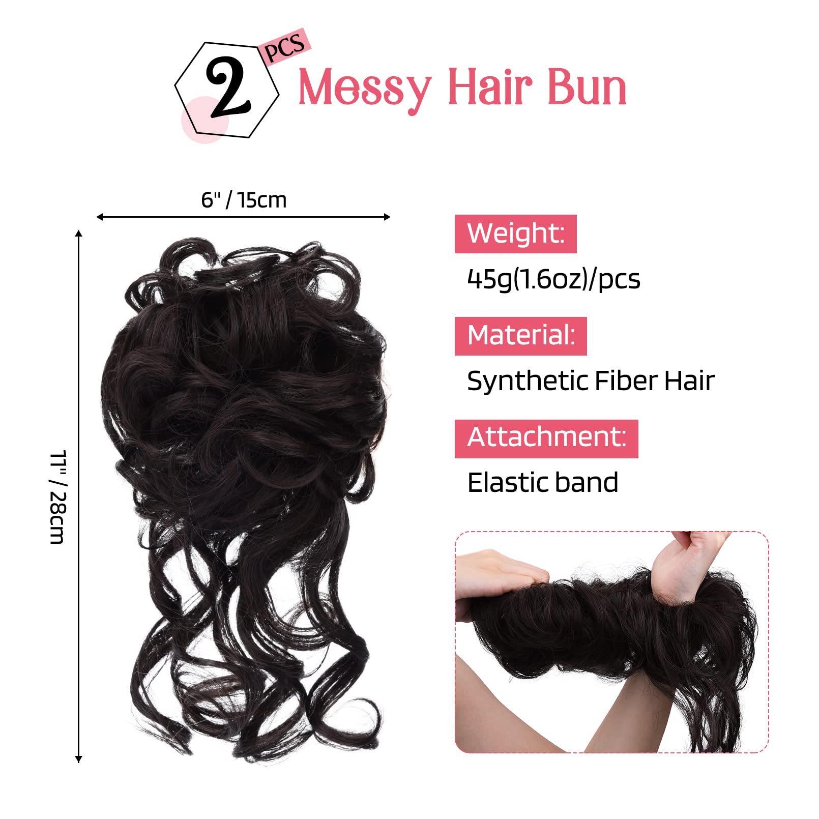 HOOJIH Messy Bun Hair Piece, 2PCS Tousled Updo with Tendrils Hair Bun Extensions Wavy Curly Hair Wrap Ponytail Hairpieces Thick Hair Scrunchies for Women HB010 Dasiy - Black Brown