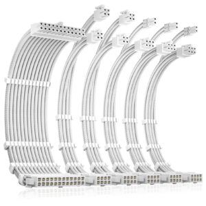 antec power supply sleeved cable, psu extension cable kit / 1x24pin atx / 2x8pin (4+4) eps / 3x8pin (6+2) pci-e, 30cm length with combs, dual eps white (white connector)