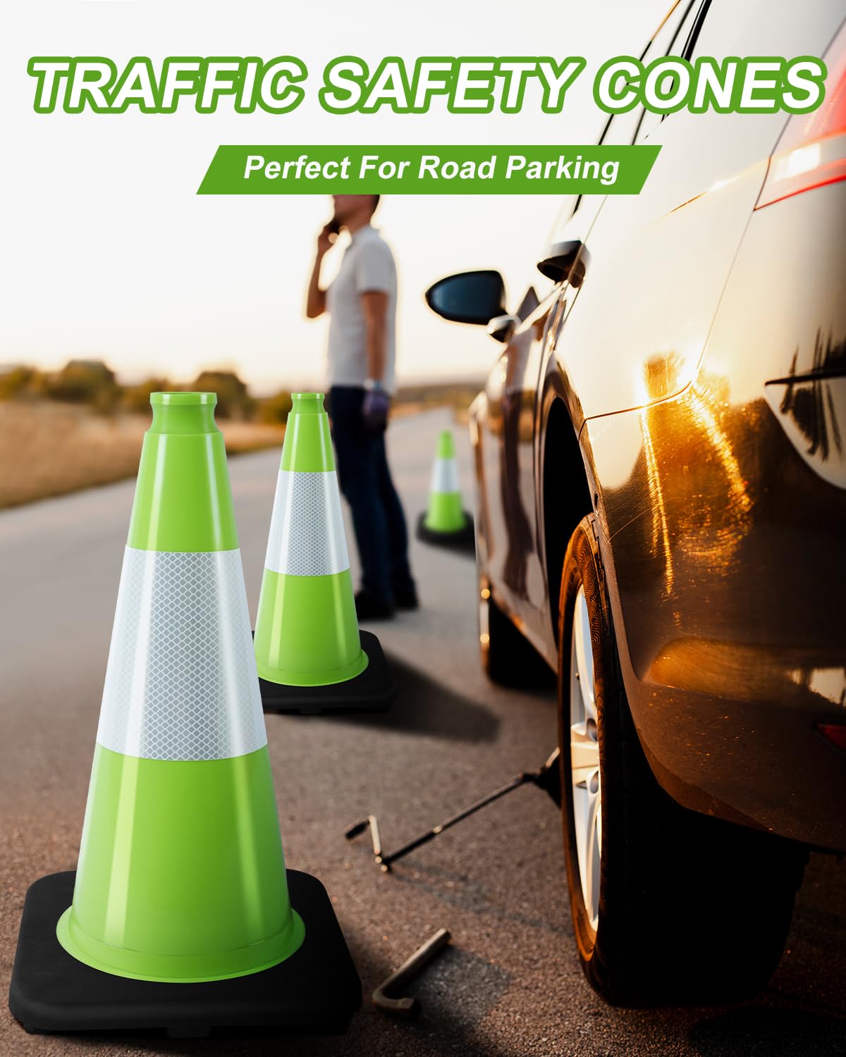 BESEA 6Pack 18" inch Traffic Cones Green Safety Cones PVC Construction Cones with 6 inch Reflective Collar for Home Driveway Road Parking Use(6 Cones)