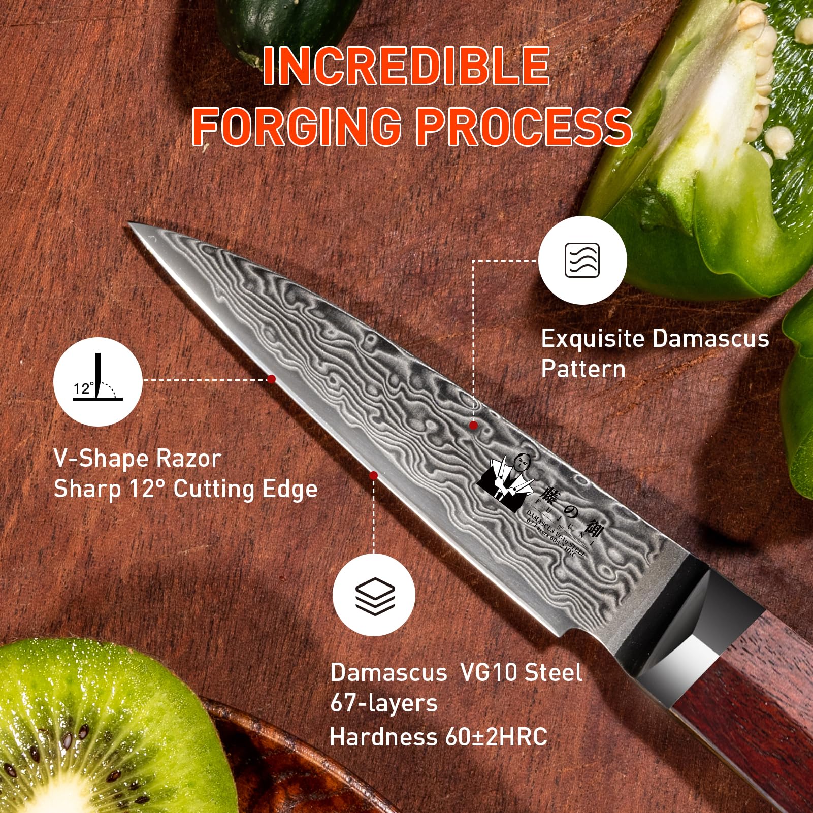 FUJUNI Damascus Paring Knife 3.5-inch Fruit and Vegetable Paring Knife 67-Layer Damascus with VG10 Cutting Core Peeling Knife with Full Tang Ergonomic Natural Wood Handle for Peeling