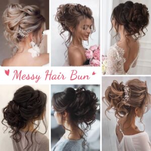 HOOJIH Messy Bun Hair Piece, 2PCS Tousled Updo with Tendrils Hair Bun Extensions Wavy Curly Hair Wrap Ponytail Hairpieces Thick Hair Scrunchies for Women HB010 Dasiy - Black Brown