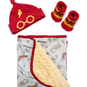 Harry Potter Baby Boys Blanket, Hat, and Socks Set Baby Plush Polar Fleece Blanket 35x35 Baby Gifts (Red/Yellow/Grey, 0-12 Months)