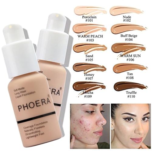 PHOERA Foundation, PHOERA Matte Liquid Foundation,PHOERA Makeup for Women, PHOERA Foundation Full Coverage Concealer, 30ml 24HR Matte Oil Control Concealer (102- Nude)