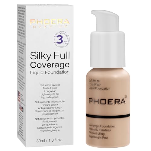 PHOERA Foundation, PHOERA Matte Liquid Foundation,PHOERA Makeup for Women, PHOERA Foundation Full Coverage Concealer, 30ml 24HR Matte Oil Control Concealer (102- Nude)