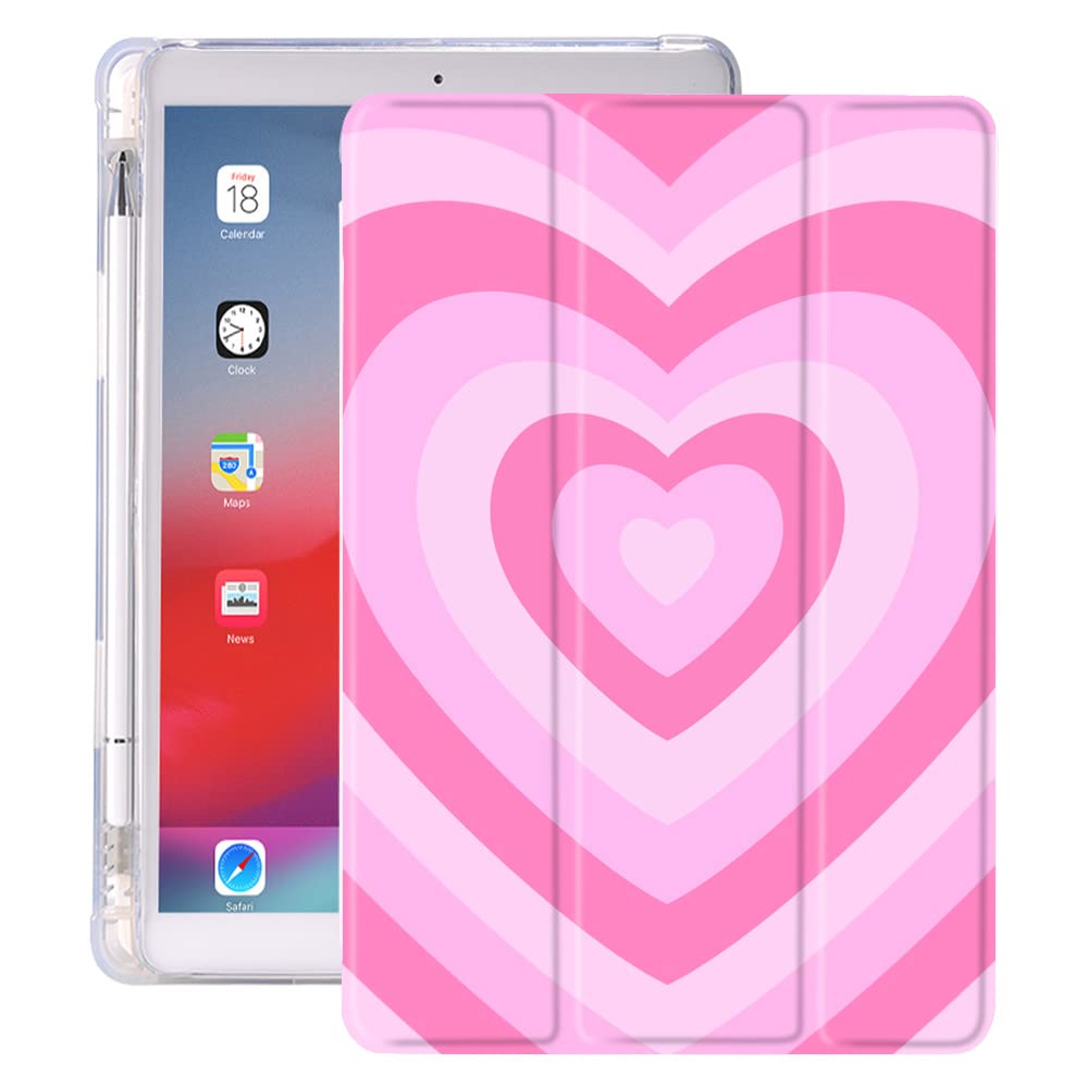 Idocolors Pink Love Heart Pad Case White Case for ipad 7th/8th/9th Generation (iPad 10.2 Inch Case 2019/2020/ 2021) Cute Girly Anti-Scratch Shockproof with Pencil Holder Trifold Stand Case