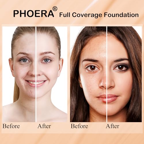 PHOERA Foundation, PHOERA Matte Liquid Foundation,PHOERA Makeup for Women, PHOERA Foundation Full Coverage Concealer, 30ml 24HR Matte Oil Control Concealer (102- Nude)