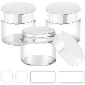 2 oz glass jars with lids, bumobum 3 pack clear small jar with white lids, blank labels & inner liners, 60 ml empty round cosmetic containers for sample, powder, cream, lotion, spice